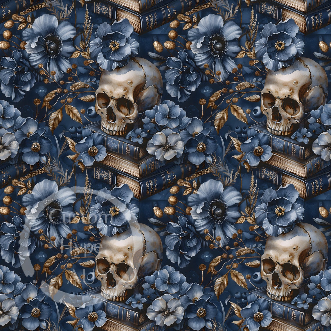Moody Skull Seamless Pattern in Blue - Sublimation and Print - 300dpi ...