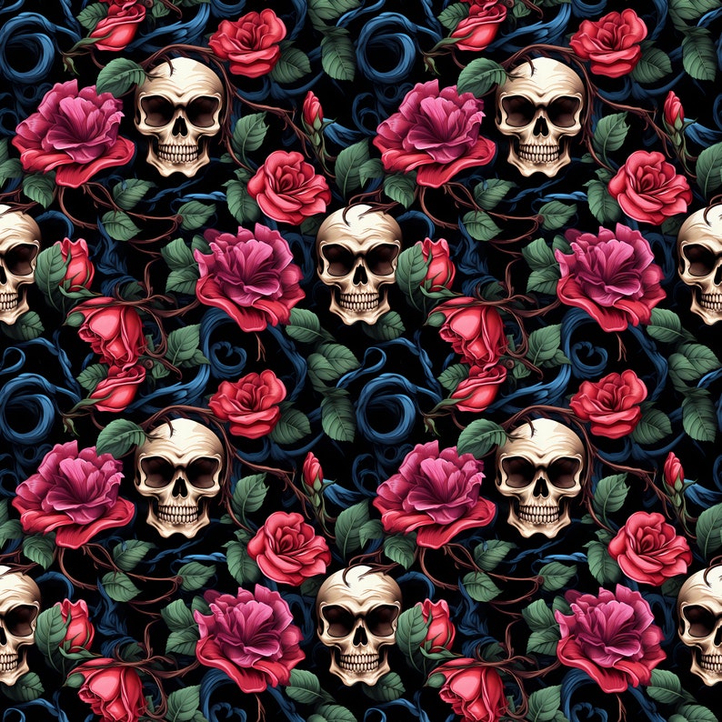Skulls & Roses Digital Seamless Pattern - 300 Dpi PNG - Etsy