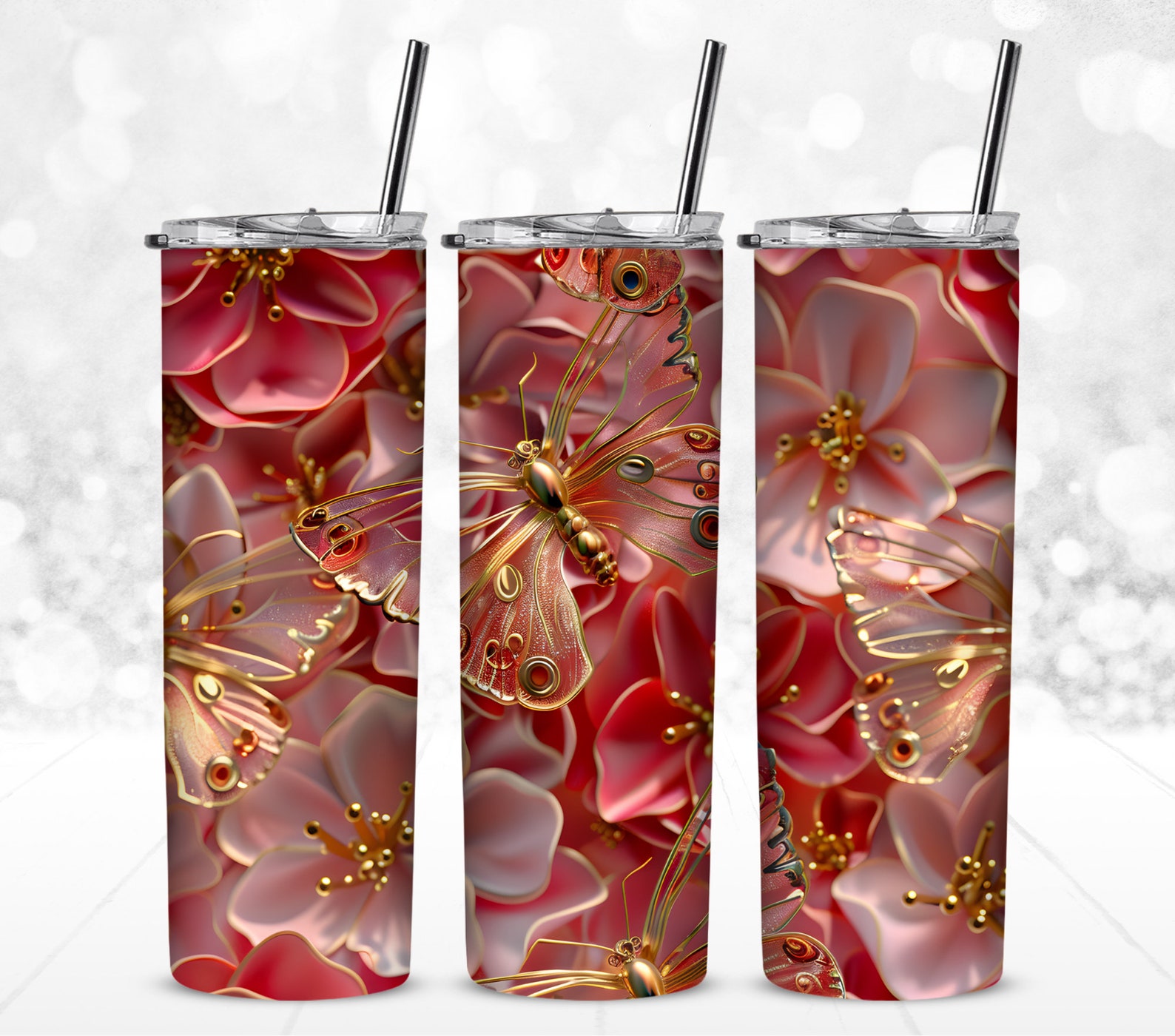 3d Seamless Pattern - Elegant Gold Glass Butterflies on Coral Floral ...