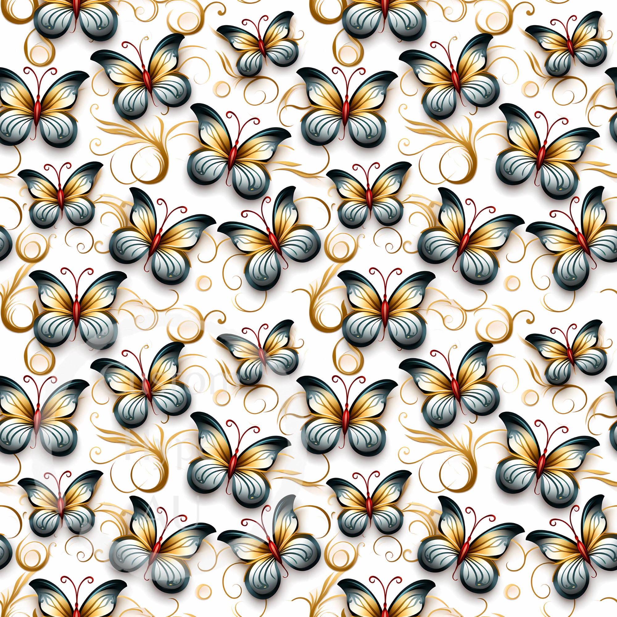 Butterflies on Gold Swirl Digital Seamless Pattern Sublimation & Print ...