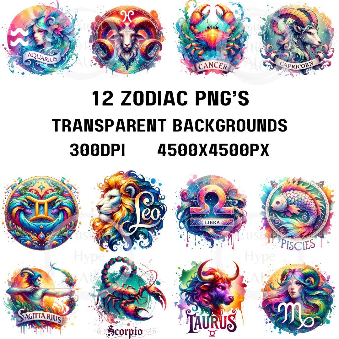 Zodiac Star Signs Png's Bundle - Sublimation and Print - 300dpi PNG ...