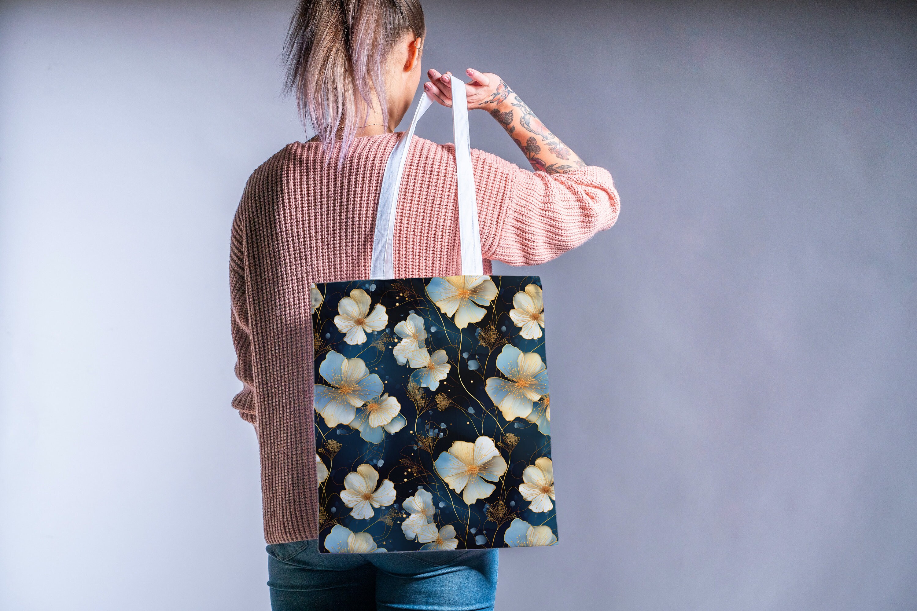 Seamless Pattern Navy, Gold & White Alcohol Ink Floral Sublimation and ...