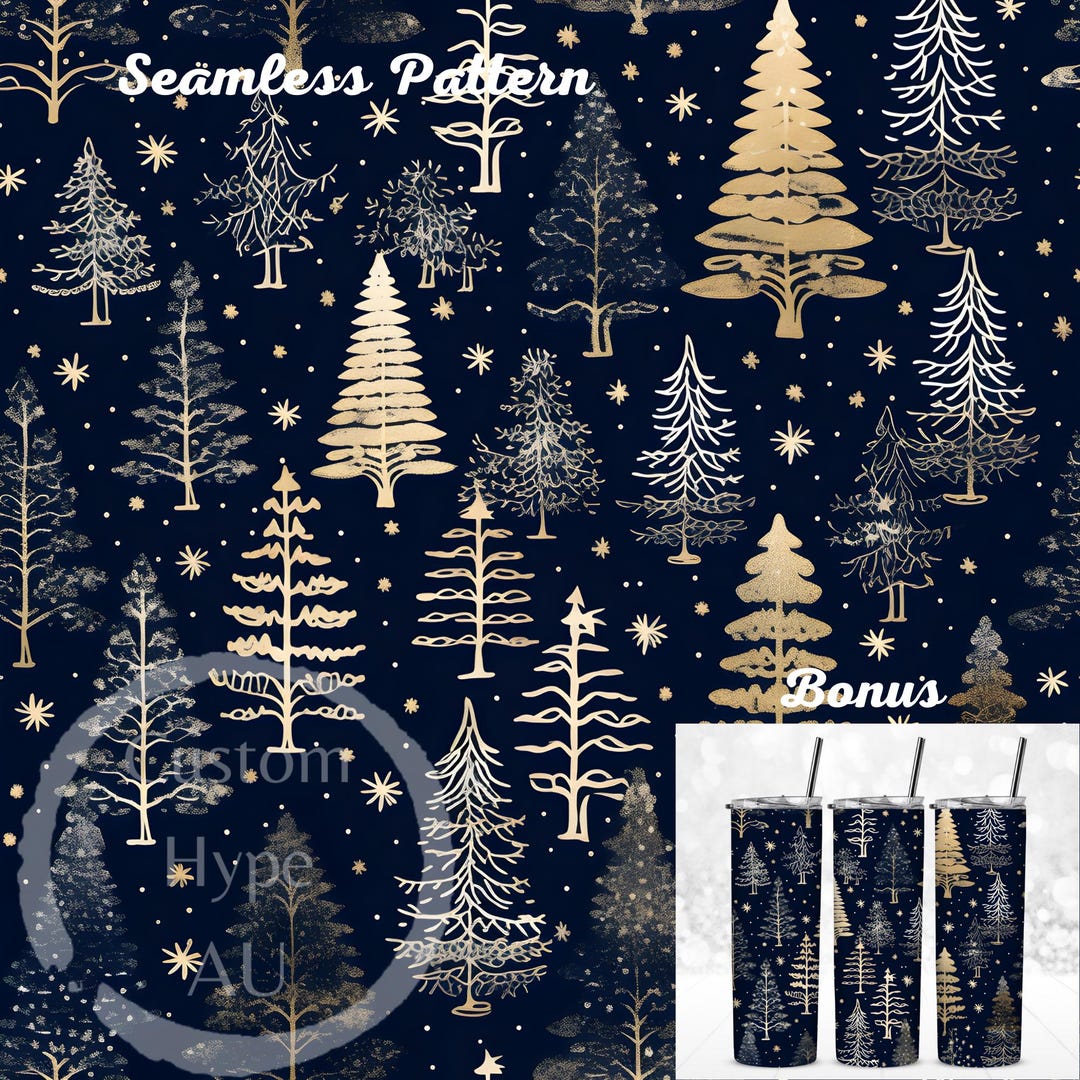 Silver and Gold Christmas Trees on Navy Seamless Pattern - Sublimation ...
