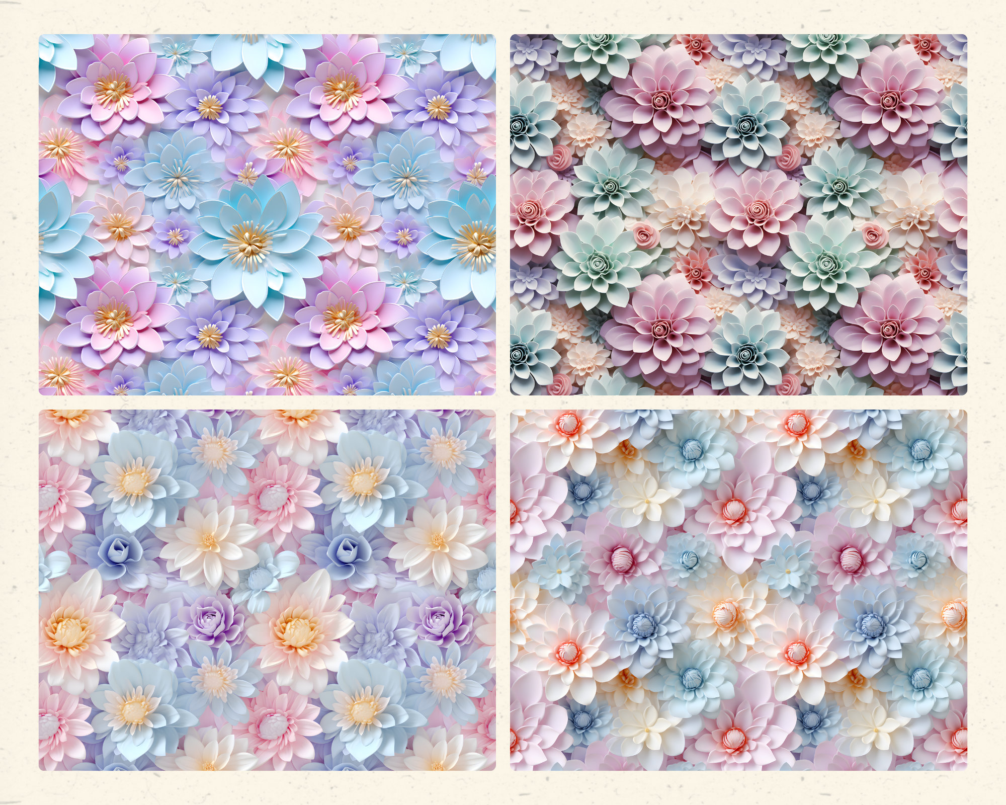 Soft 3d Pastel Flowers Digital Seamless Pattern Bundle for Sublimation ...