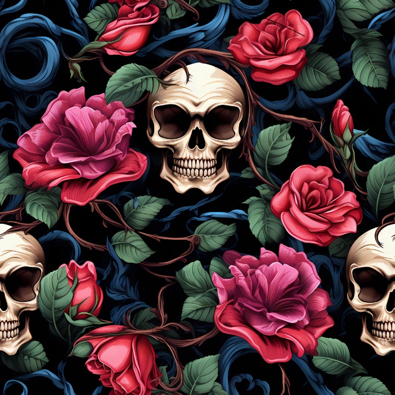 Skulls & Roses Digital Seamless Pattern - 300 Dpi PNG - Etsy