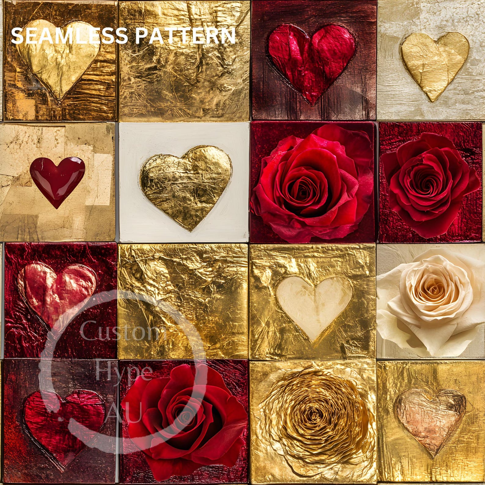 Red and Gold Love Collage Seamless Pattern - Sublimation and Print ...