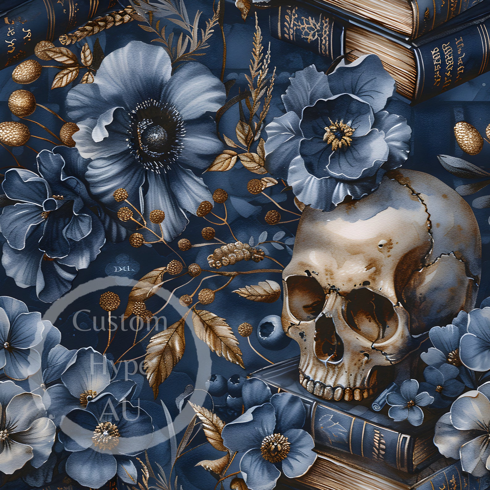 Moody Skull Seamless Pattern in Blue - Sublimation and Print - 300dpi ...