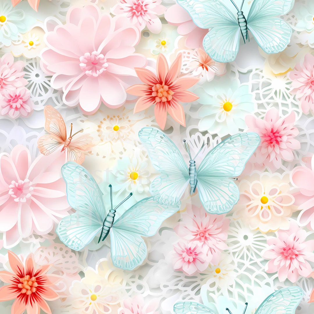 Delicate 3d Pastel Butterflies & Flowers - Digital Seamless Pattern ...