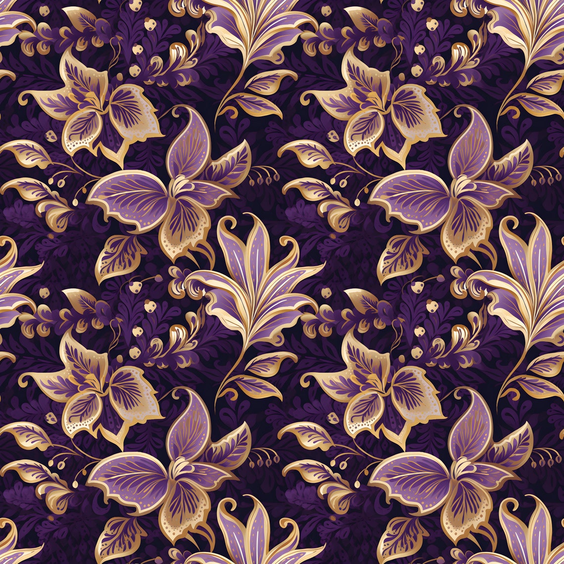 Purple & Gold Batik Seamless Digital Pattern for Sublimation and Print ...