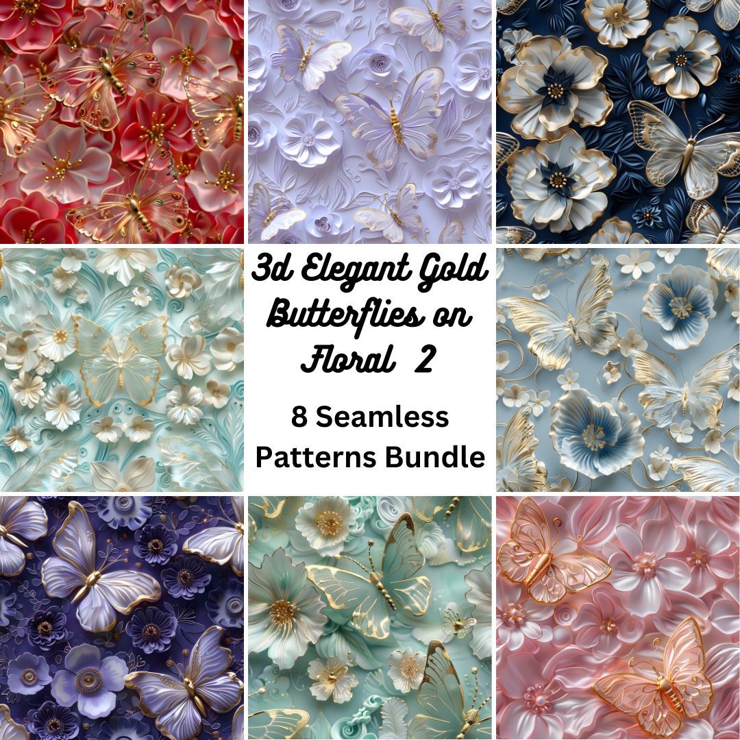 3d Seamless Patterns Bundle - Elegant Gold Butterflies on Floral Vol. 2 - Sublimation and Print ...