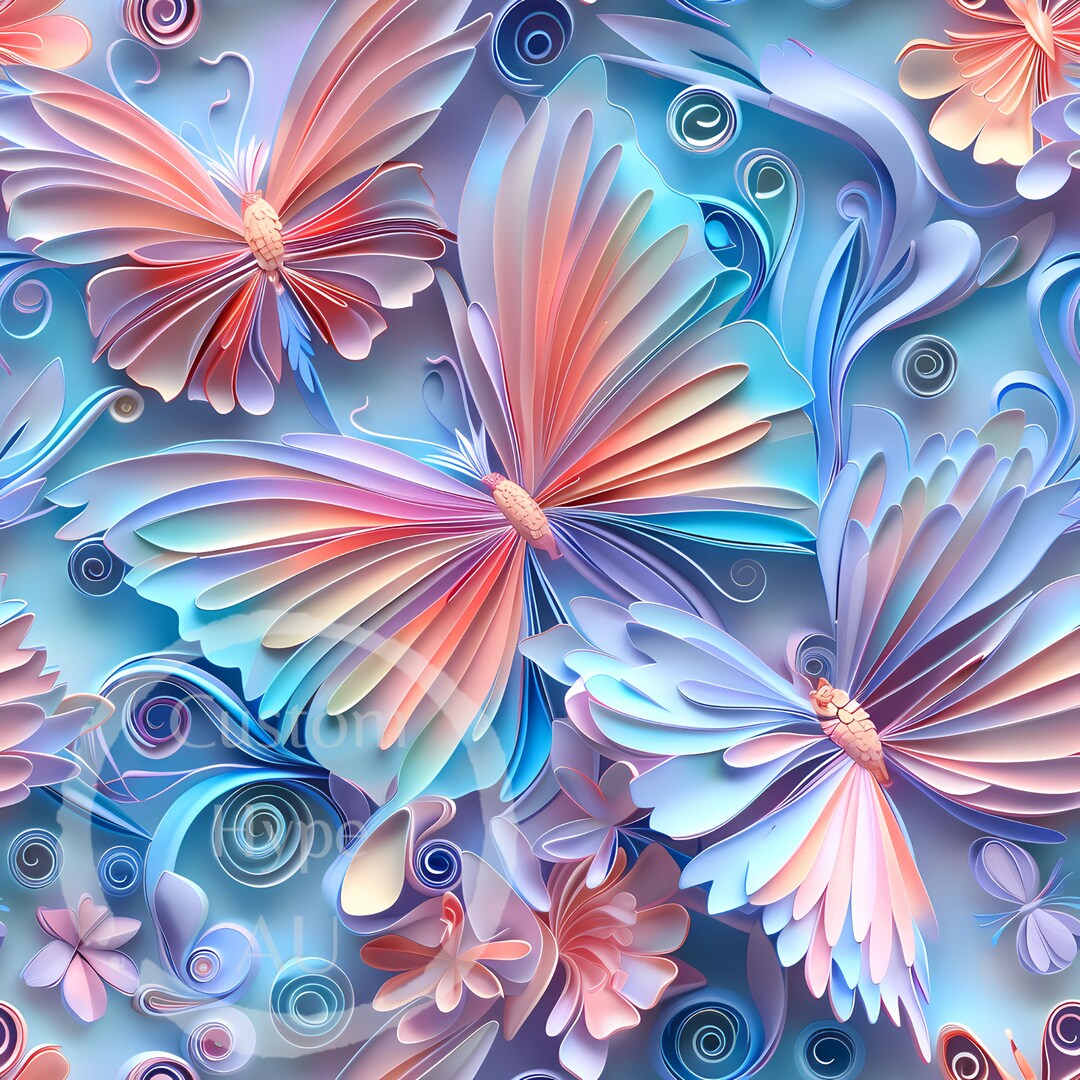 3d Seamless Pattern - Quilled Iridescent Pastel Butterflies and Flowers ...