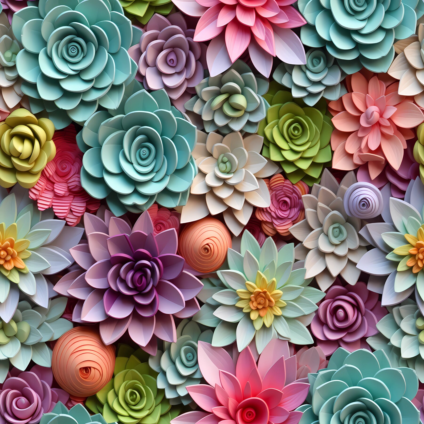 3d Quilled Digital Succulents Seamless Pattern for Sublimation - Print ...