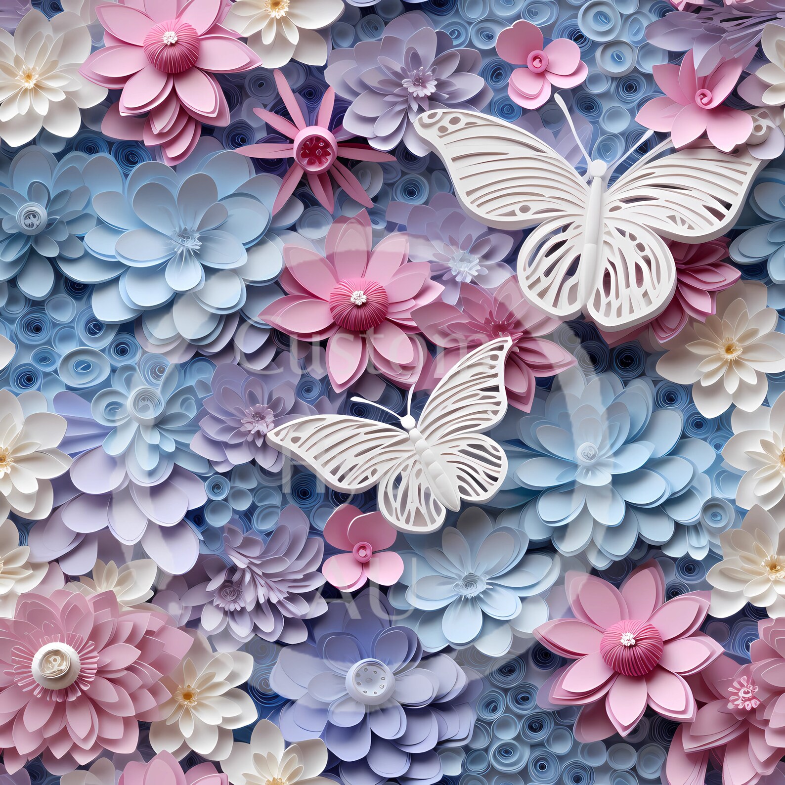 Very Pretty 3d Pastel Flowers & Butterflies Seamless Digital Pattern ...