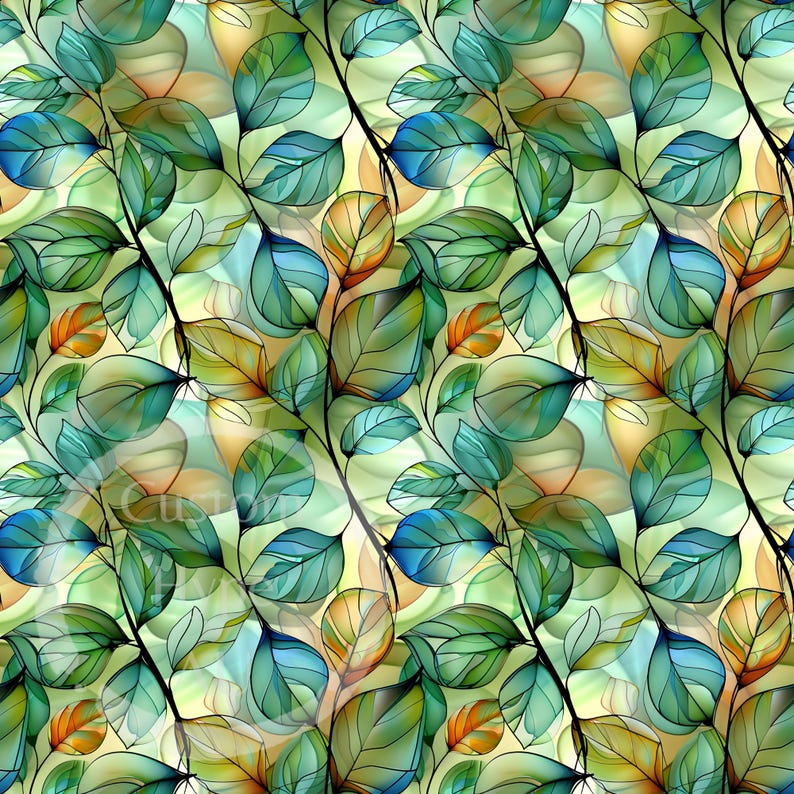 Seamless Pattern - Green-copper-blue Alcohol Ink Leaves - Sublimation ...