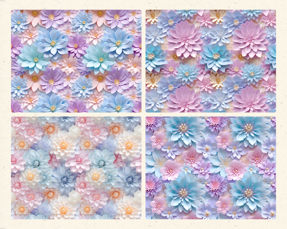 Soft 3d Pastel Flowers Digital Seamless Pattern Bundle for Sublimation ...