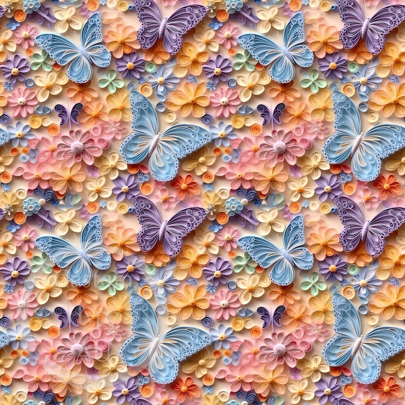 3d Quilled Butterflies and Flowers Digital Seamless Pattern for ...