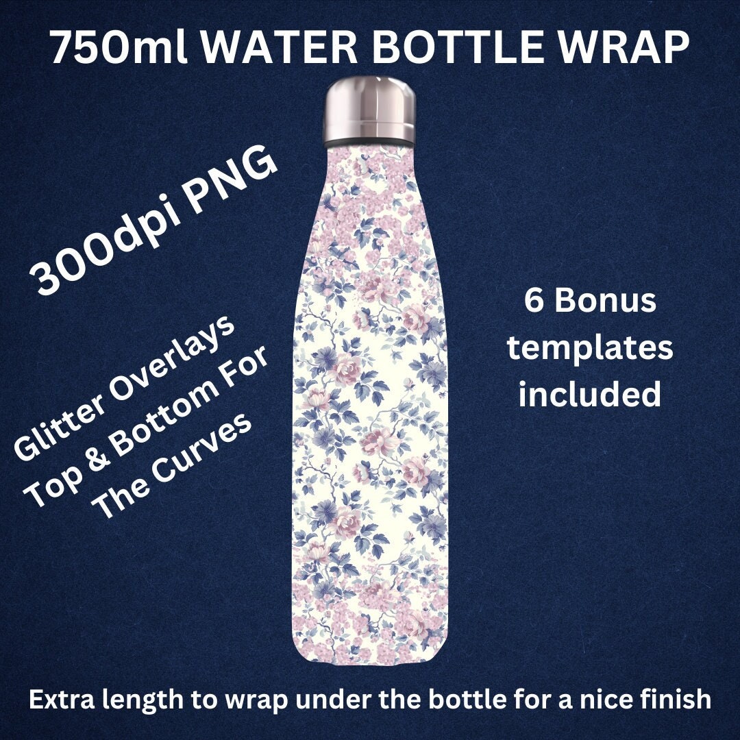 750ml Water Bottle Full Wrap - Pastel Pink & Blue Chintz Design - 6 ...