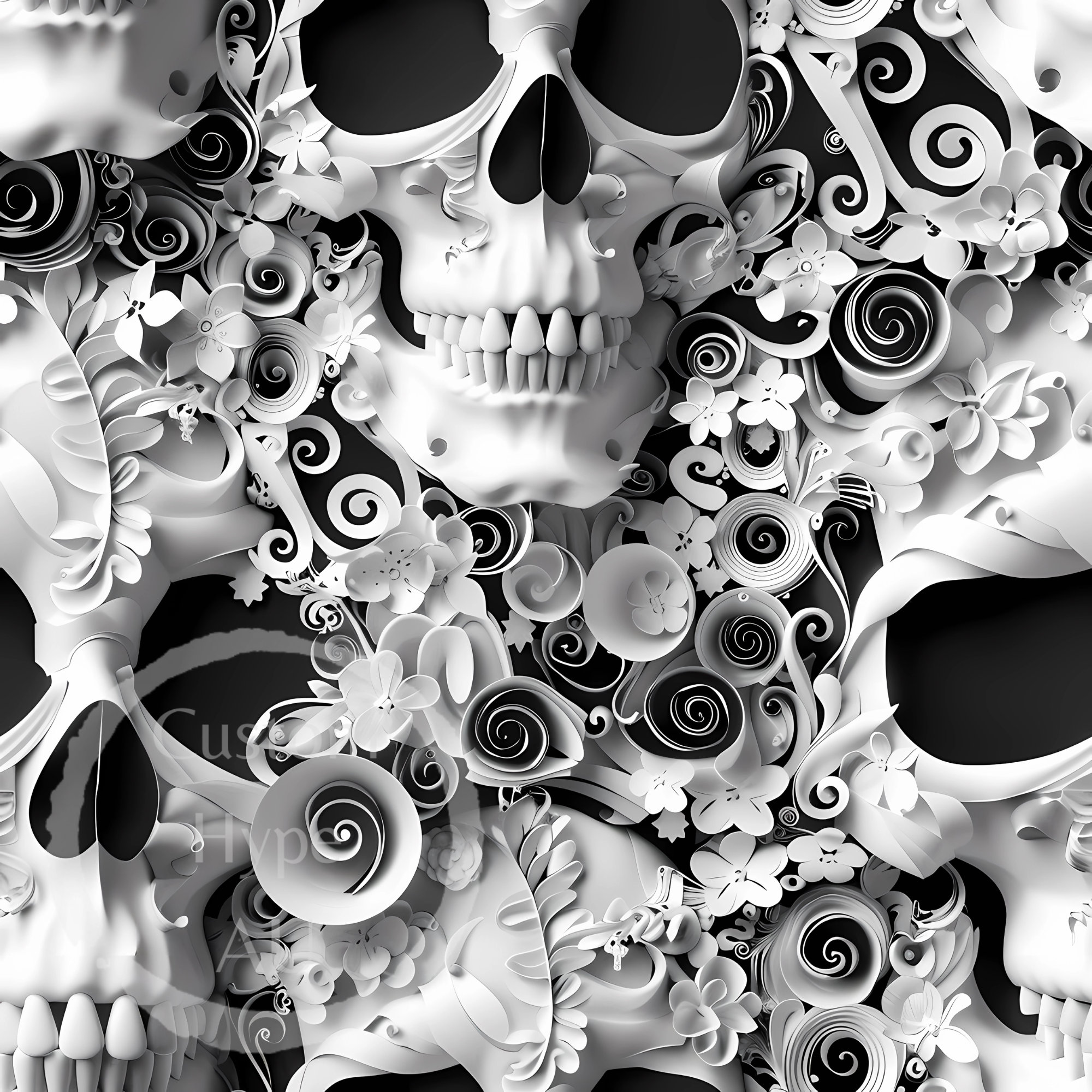 3d Black and White Skulls Quilled Seamless Pattern - Sublimation and ...