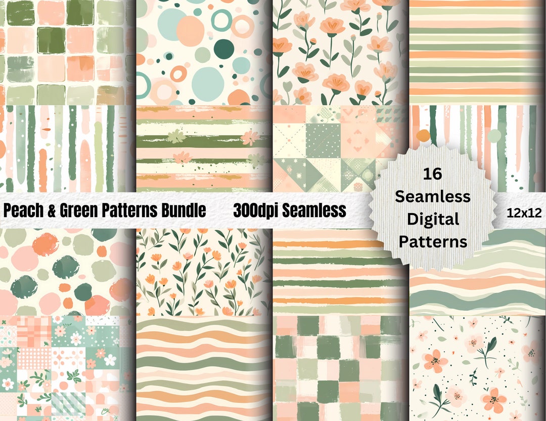 Trendy Peach & Green Seamless Digital Patterns for Sublimation and ...