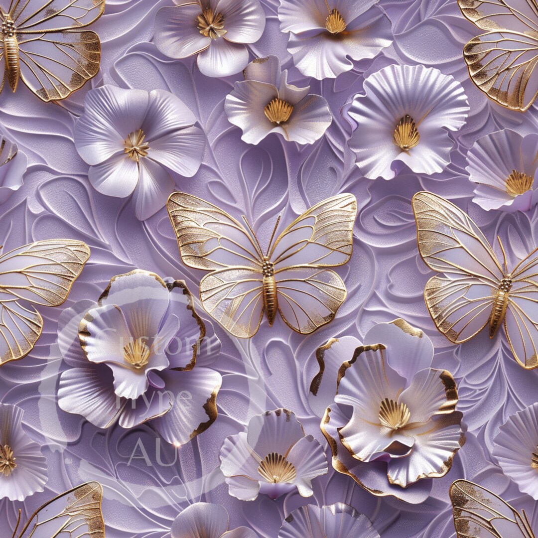3d Elegant Gold Butterflies on Lavender Floral Seamless Pattern ...
