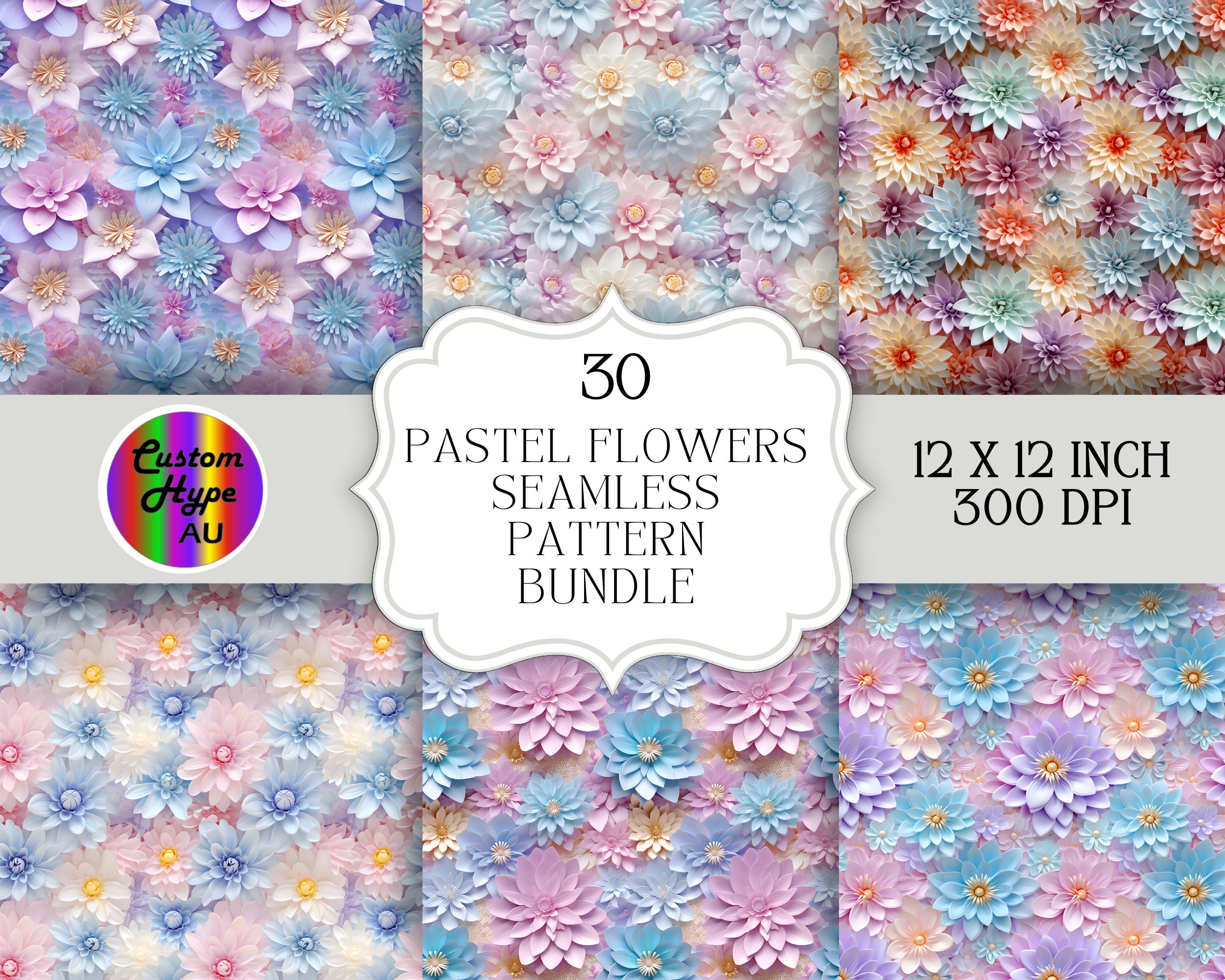 Soft 3d Pastel Flowers Digital Seamless Pattern Bundle for Sublimation ...