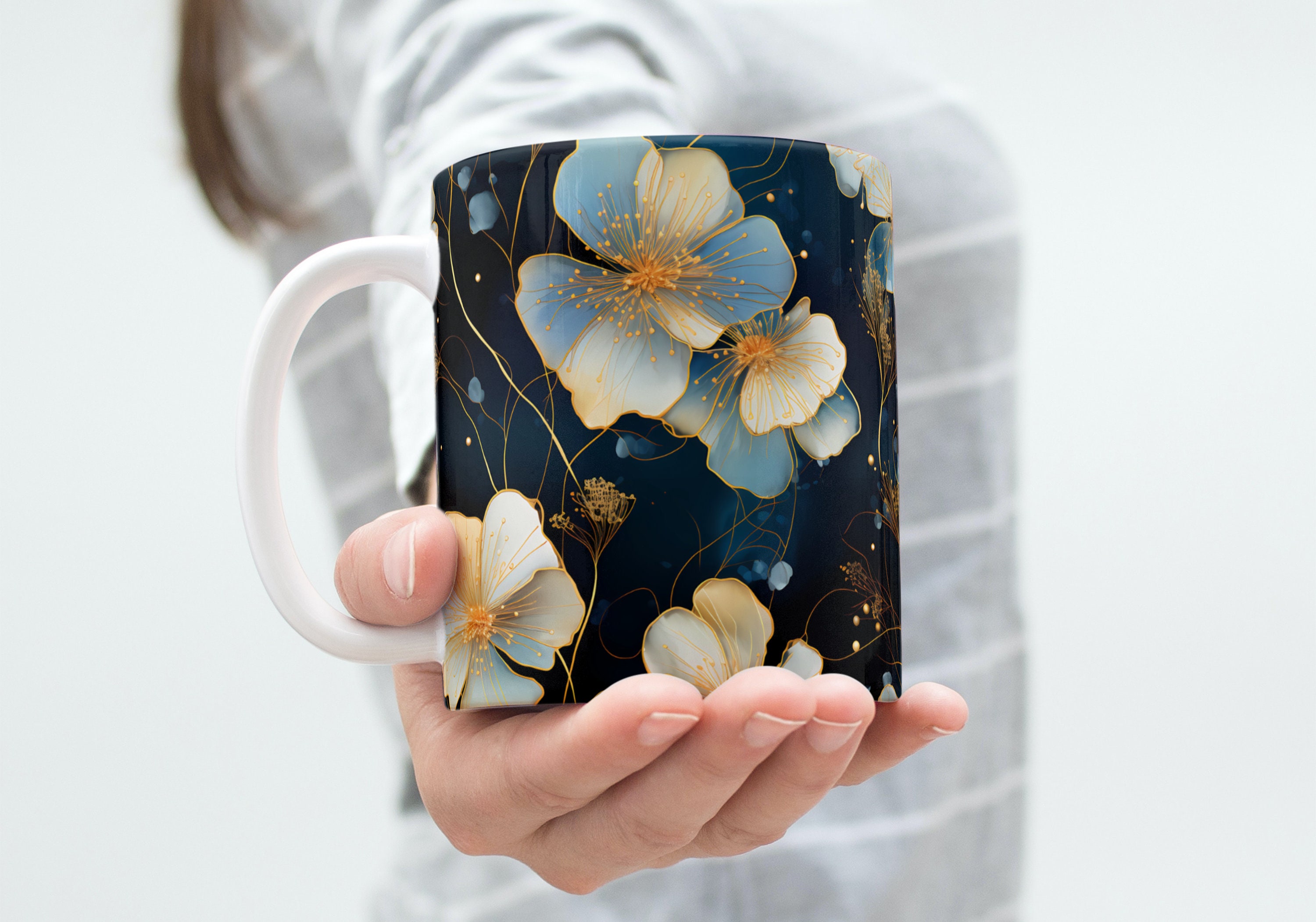 Seamless Pattern Navy, Gold & White Alcohol Ink Floral Sublimation and ...