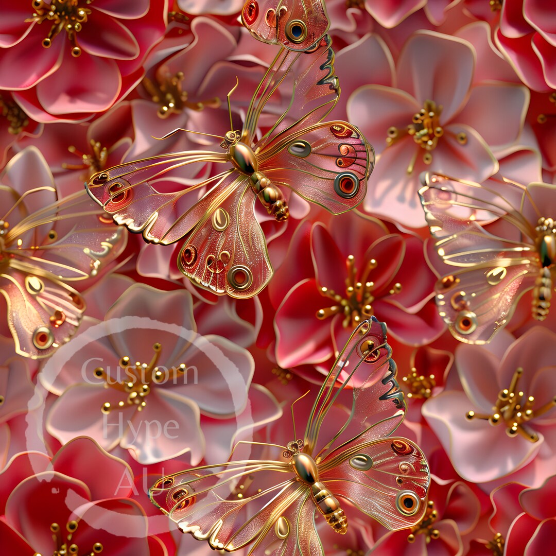 3d Seamless Pattern - Elegant Gold Glass Butterflies on Coral Floral ...