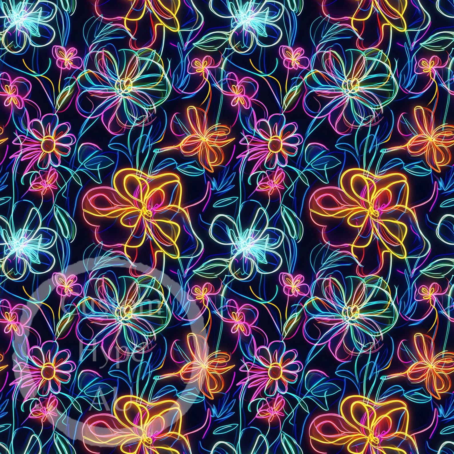 Neon Doodle Flowers Seamless Pattern - Sublimation and Print - 300dpi ...