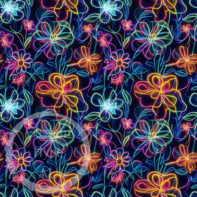 Neon Doodle Flowers Seamless Pattern - Sublimation and Print - 300dpi ...