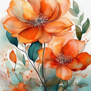 Orange Abstract Flowers Clipart Printable Watercolor - Etsy