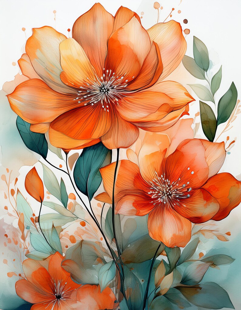 Orange Abstract Flowers Clipart Printable Watercolor - Etsy