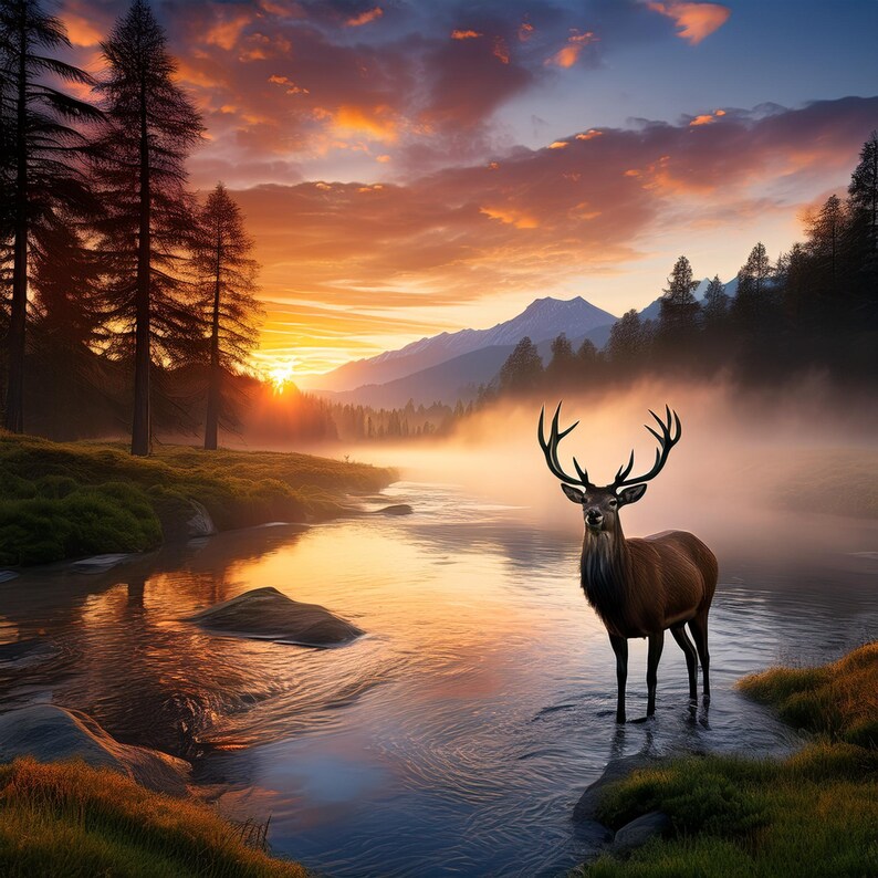 Peaceful Sunset Over River With Deer Bundle - Etsy