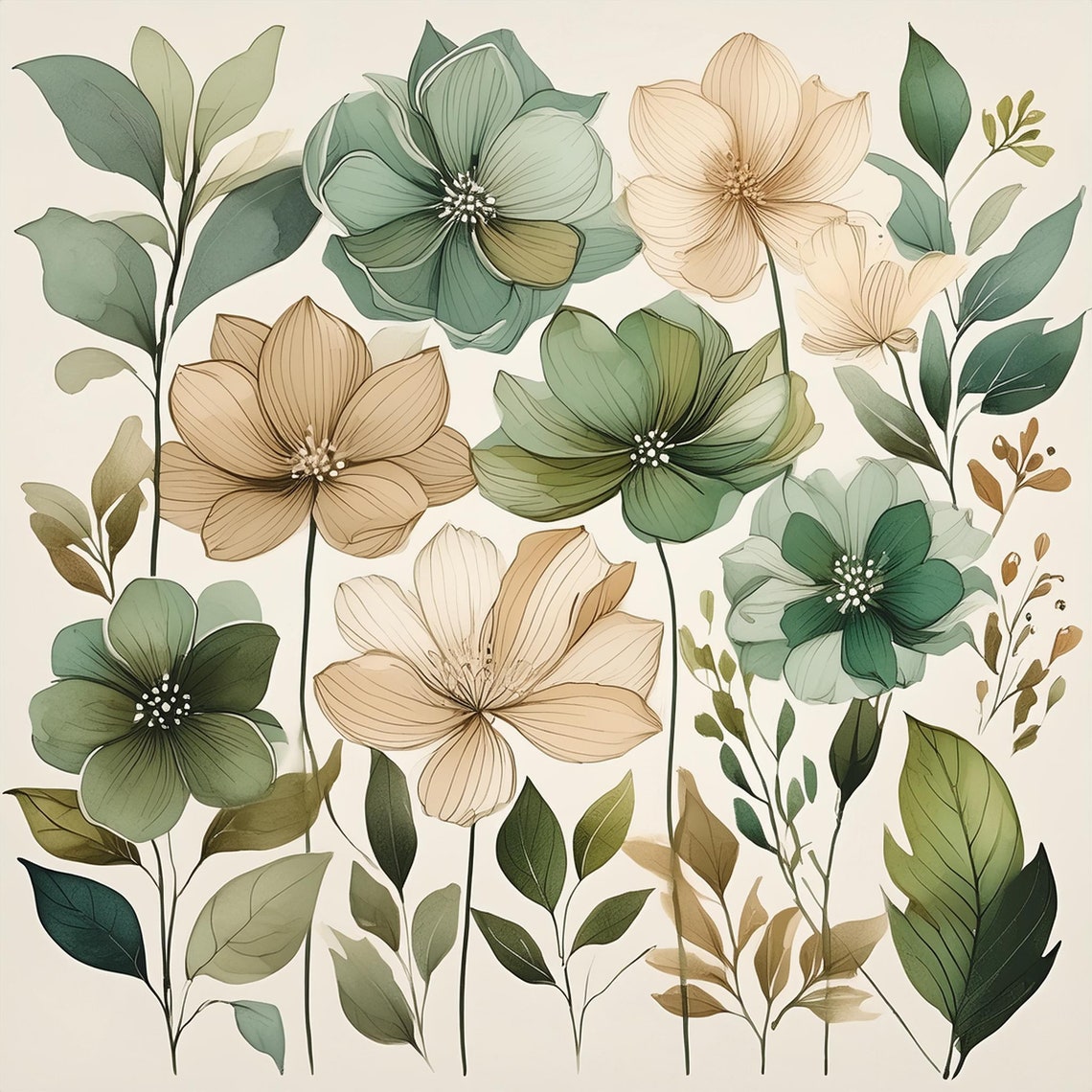 10 Abstract Green Beige Flowers Clipart Printables - Etsy