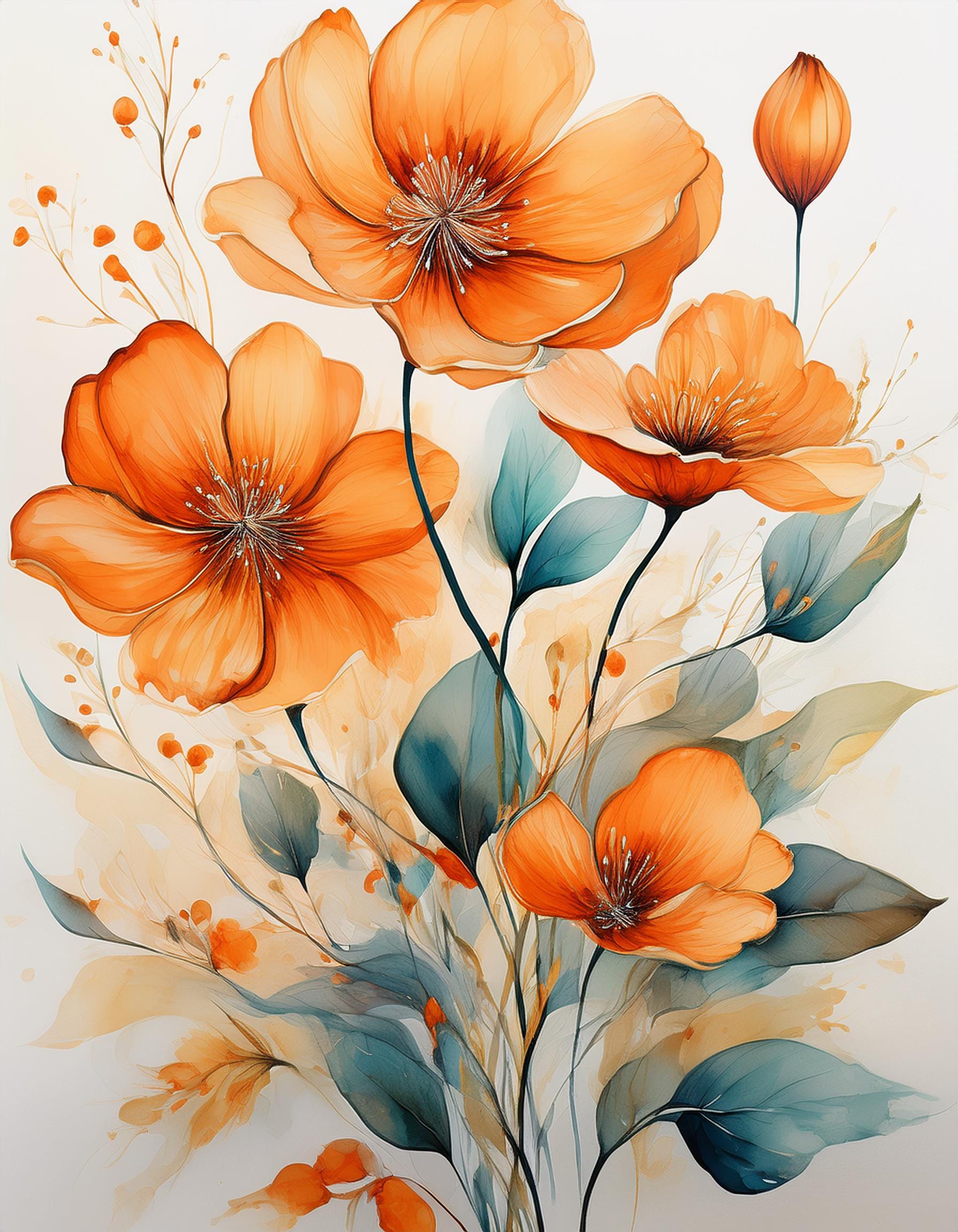 Orange Abstract Flowers Clipart Printable Watercolor - Etsy