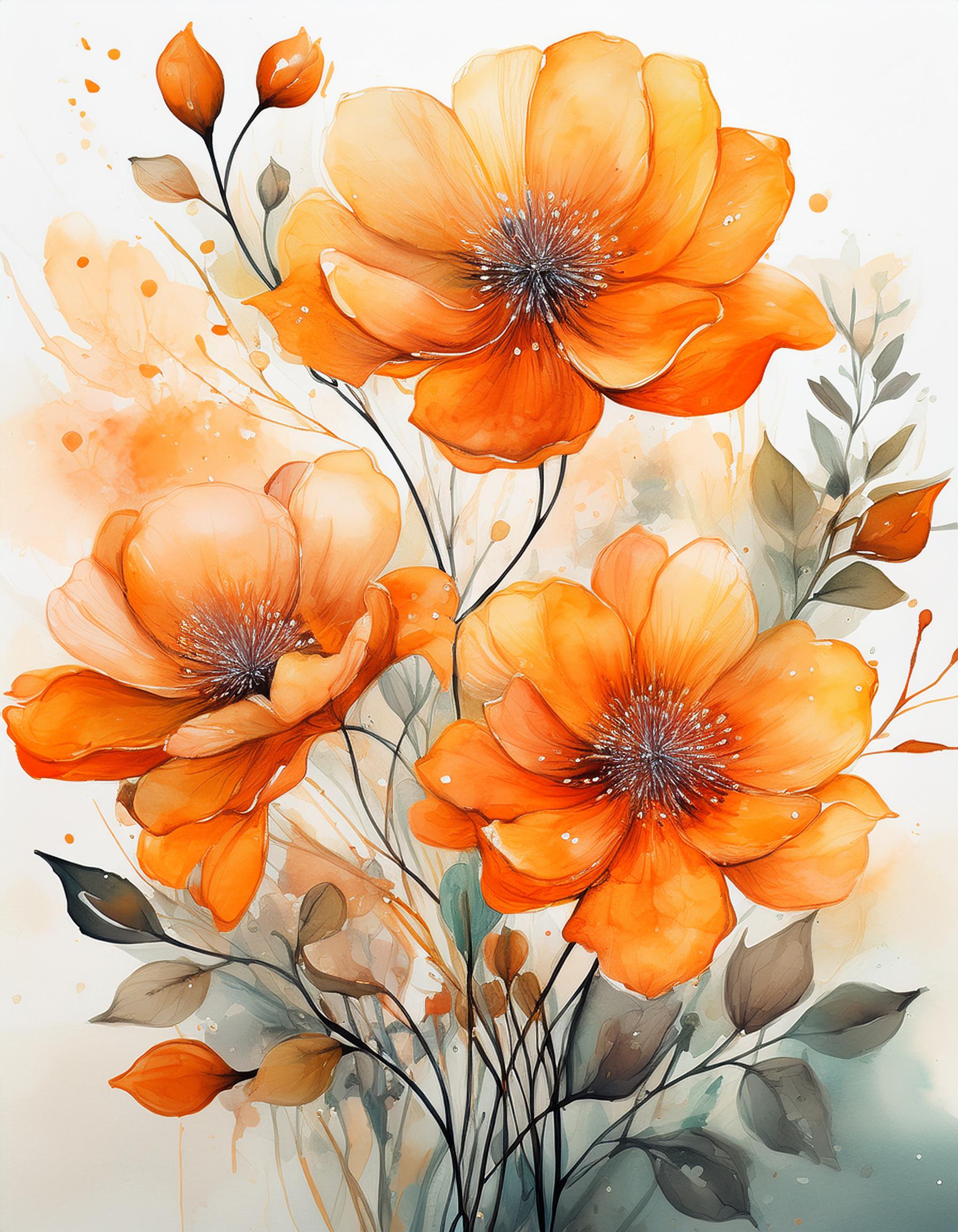 Orange Abstract Flowers Clipart Printable Watercolor - Etsy