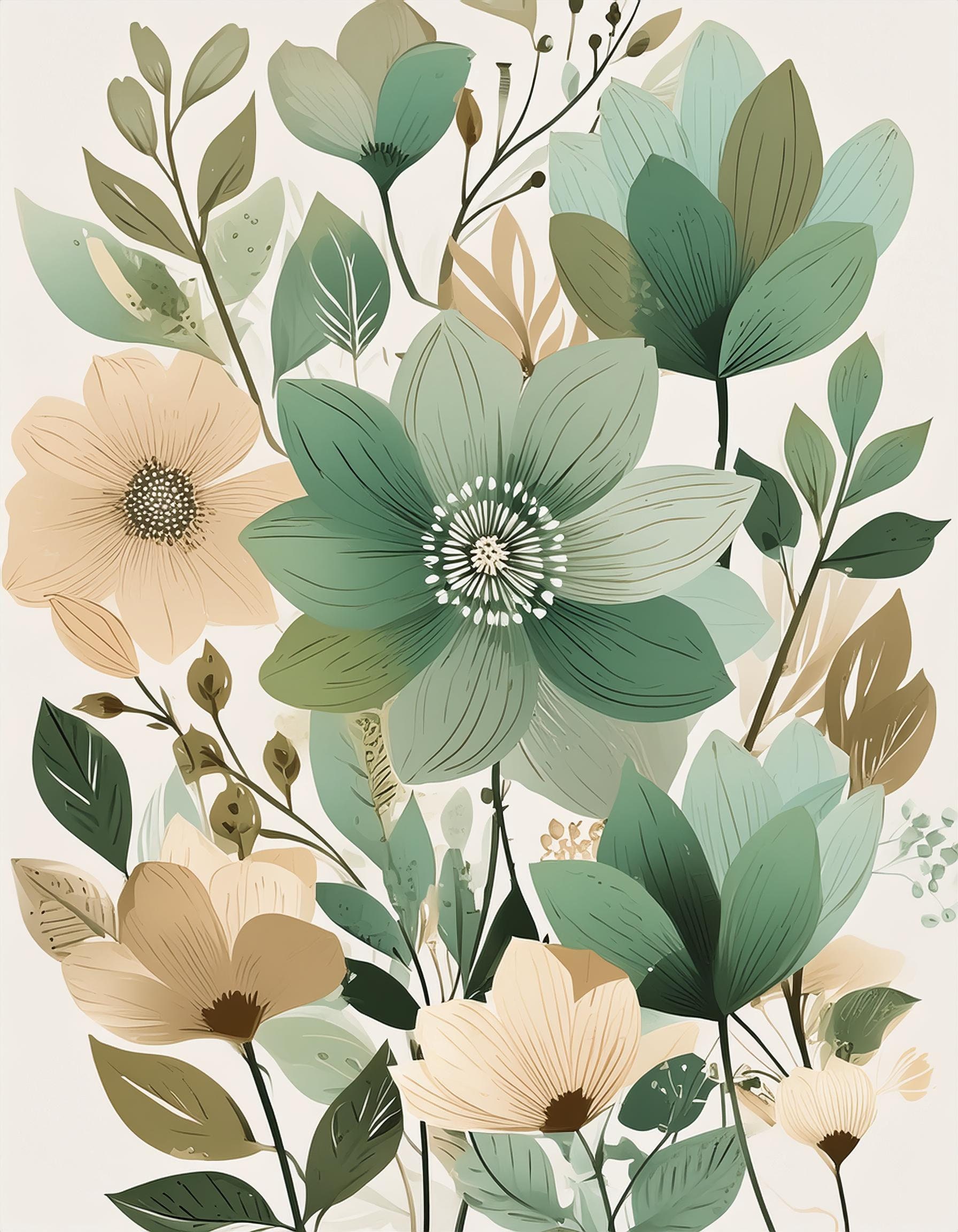 10 Abstract Green Beige Flowers Clipart Printables - Etsy