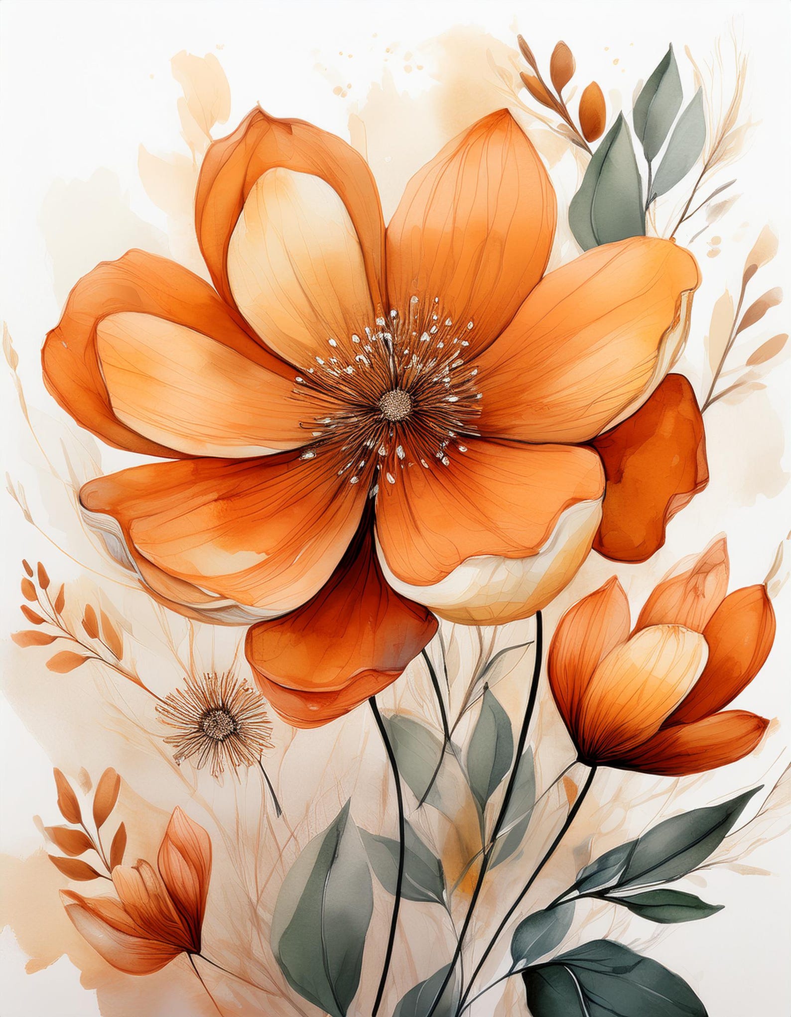 Orange Abstract Flowers Clipart Printable Watercolor - Etsy