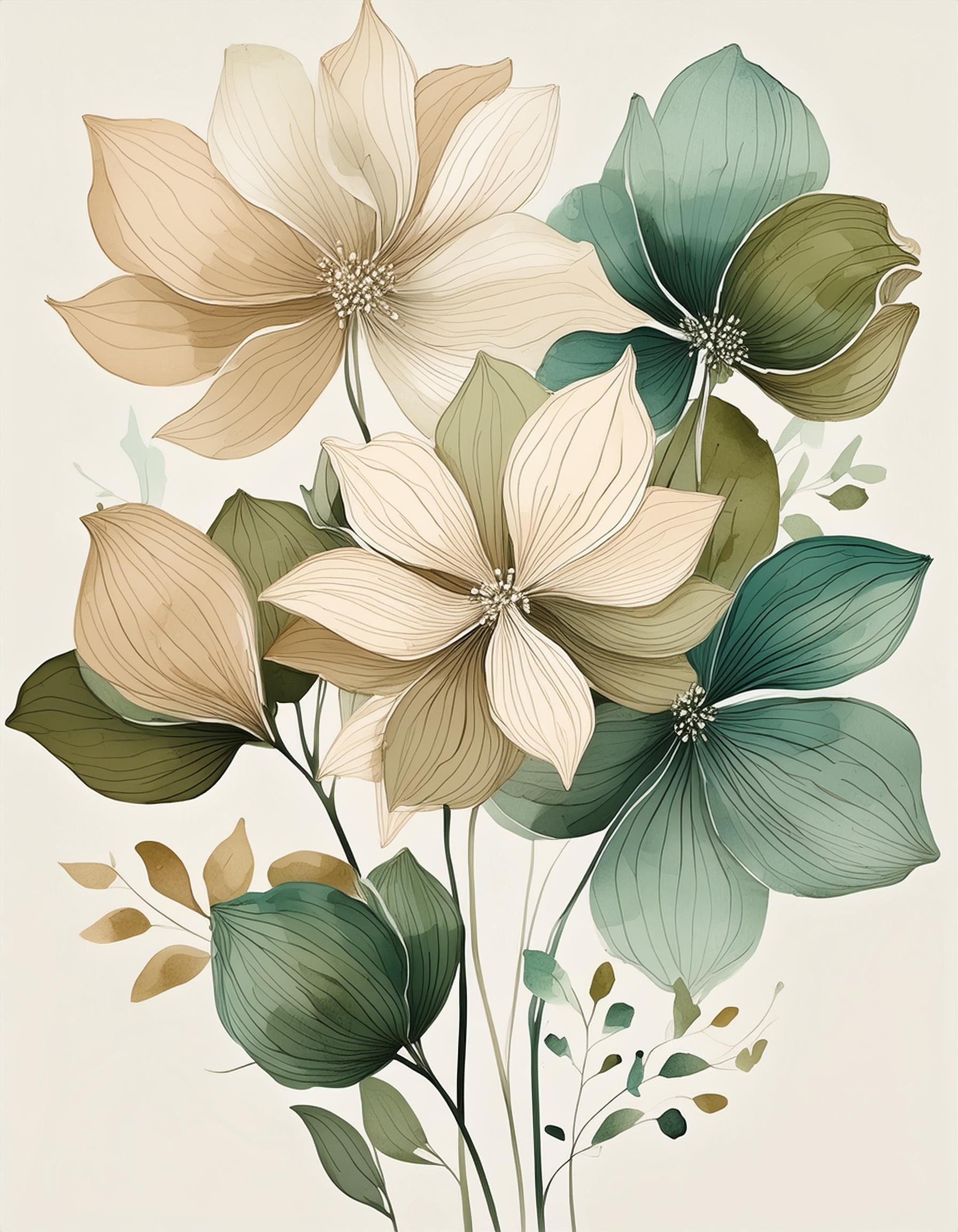 10 Abstract Green Beige Flowers Clipart Printable Bundle - Etsy