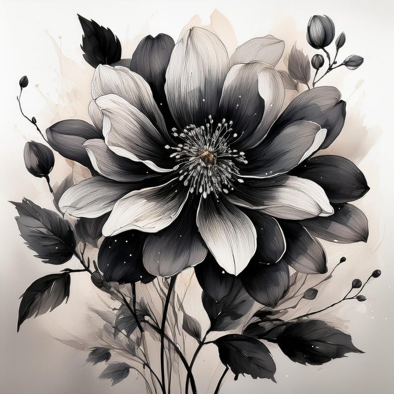 20 PNG Black White Flower Watercolor Floral Clipart - Etsy