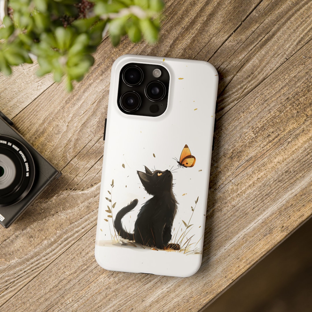 Black Cat With Butterfly Tough Phone Cases - Etsy