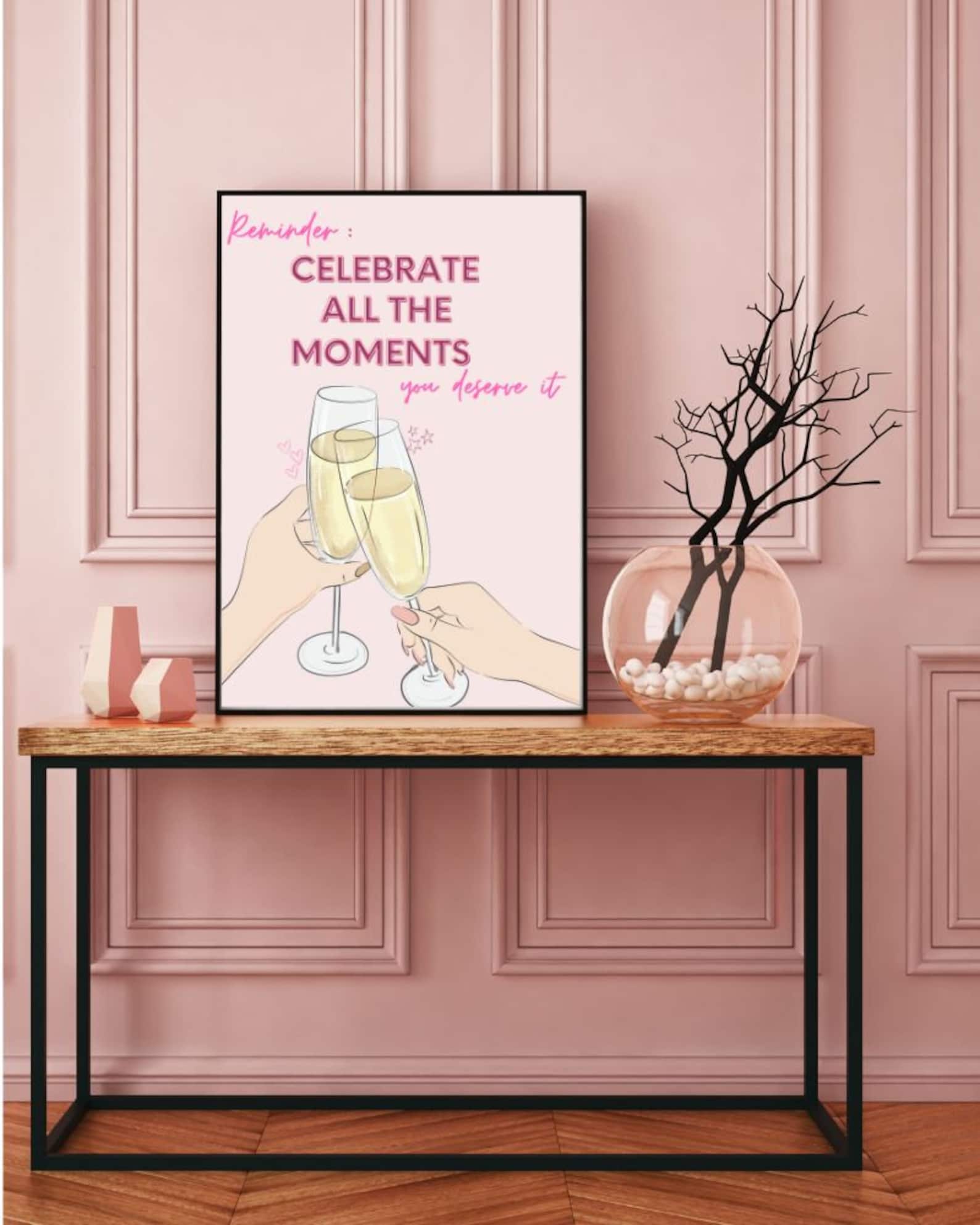 Cheers Celebrate Girly Poster Digital Print, Pink Champagne Cheers ...