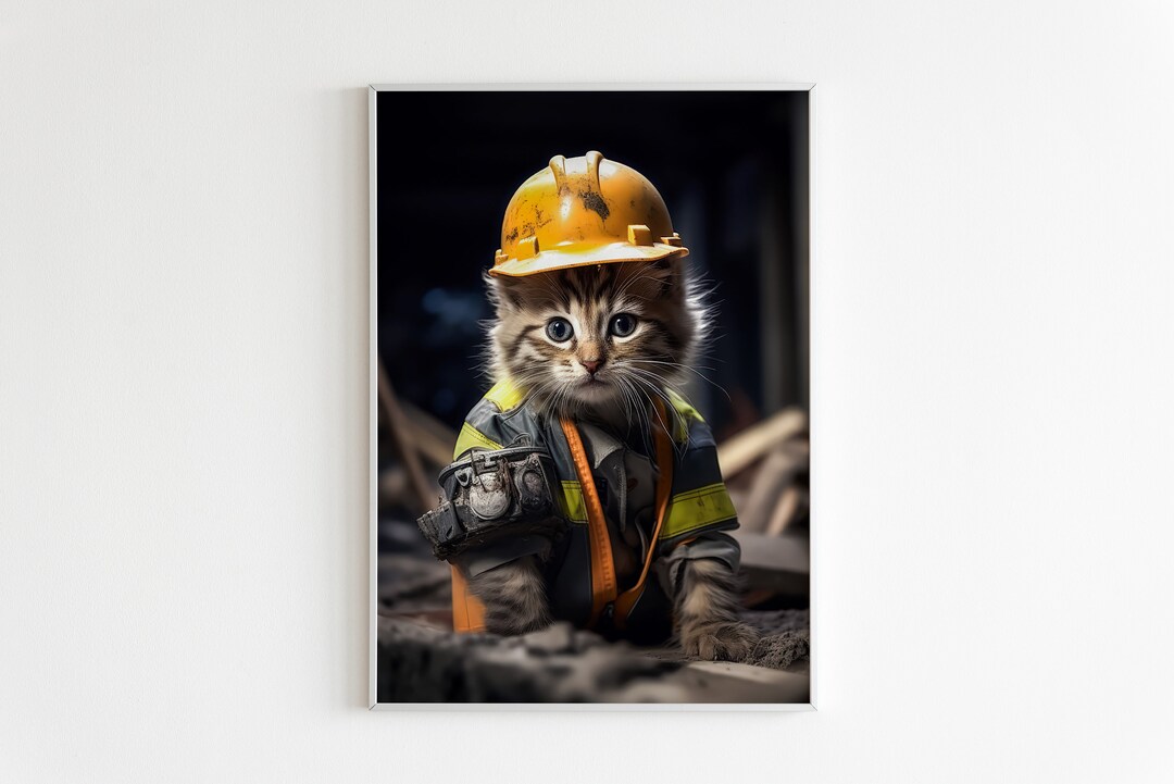 Construction Worker Cat, Funny Animals Print, Cat at Construction Site ...
