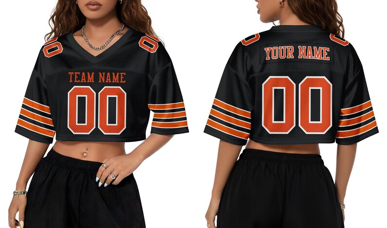 Custom Cheerleading Football for Girls, Black Orange Crop Top Football ...