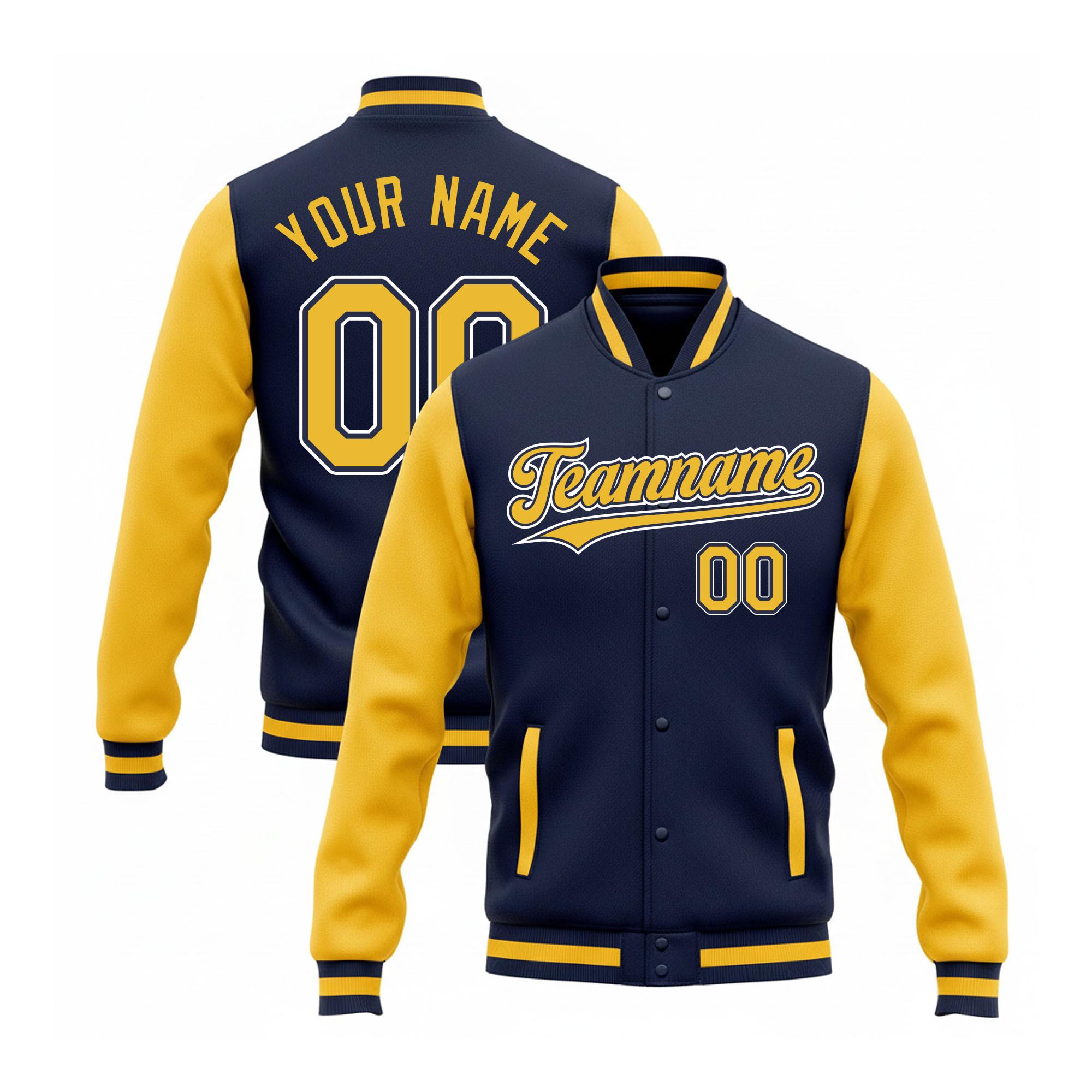 Custom Varsity Jacket, Navy Yellow Gold Printed and Stitched Team Name ...