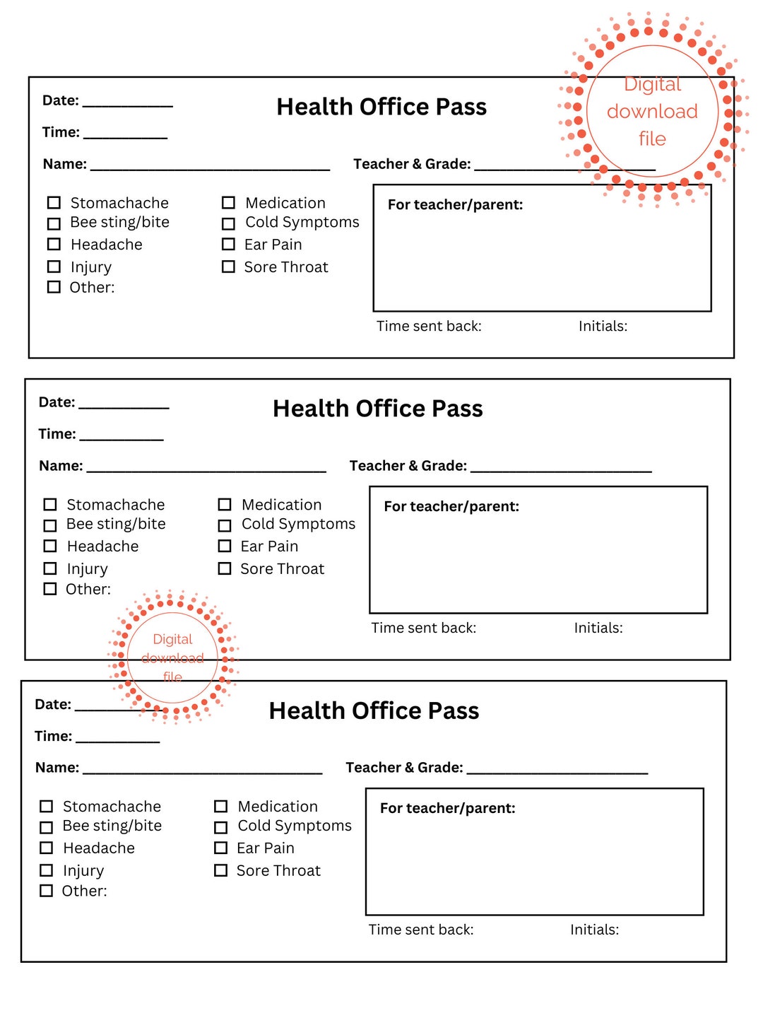 School Nurse Health Office Pass Print Your Own Clinic Pass Hall Pass ...