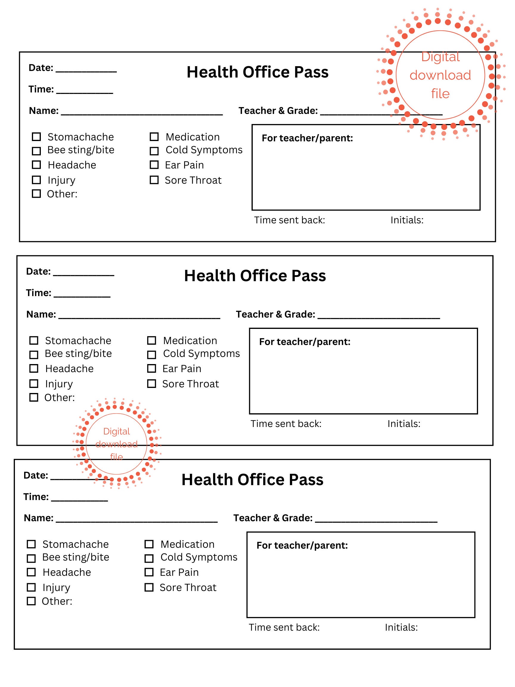 School Nurse Health Office Pass Print Your Own Clinic Pass Hall Pass ...