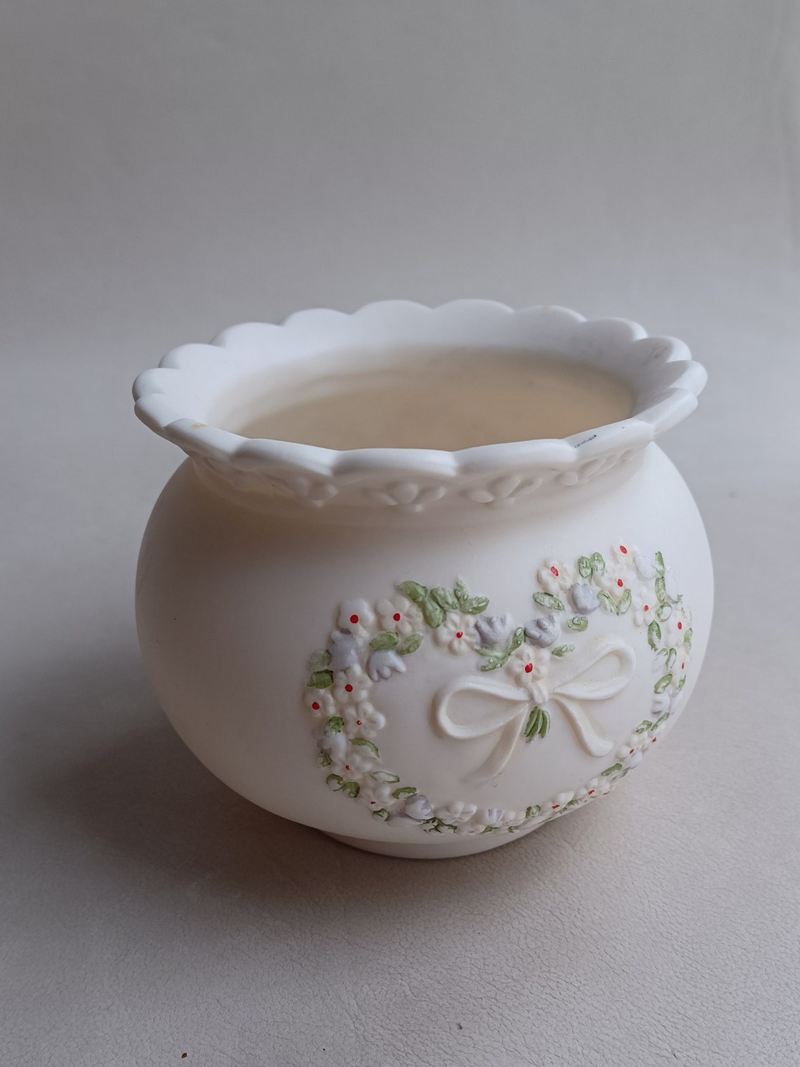 Vintage White Ceramic Cache Pot With Floral Heart Design and Bow Flower ...