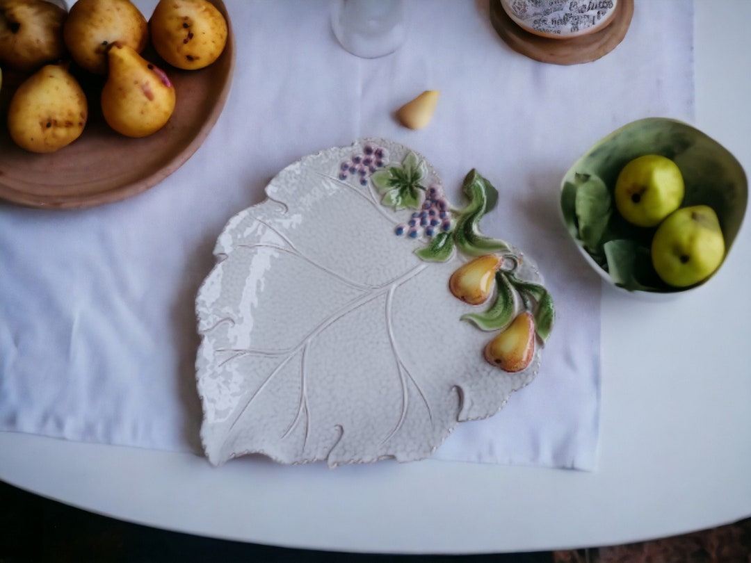 Vintage Cabbage Ware Leaf Shaped Platter Majolica Grapes and Pears ...