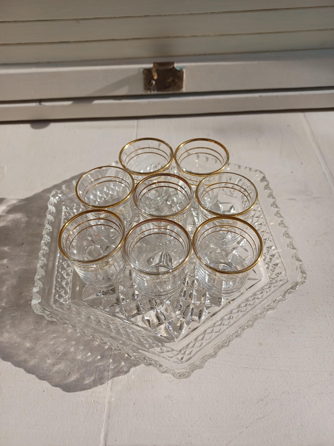 Vintage Anchor Hocking Glass Tray and Set of 8 Vintage Shot Glasses ...