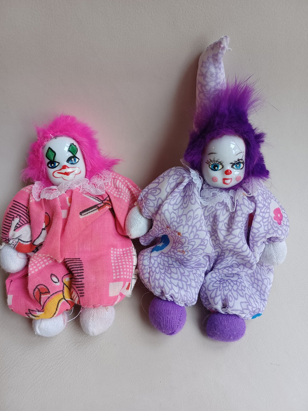 Vintage Clown Dolls Porcelain Heads Fabric Beanbag Bodies Set Of 2 1990s Collectible Dolls Etsy